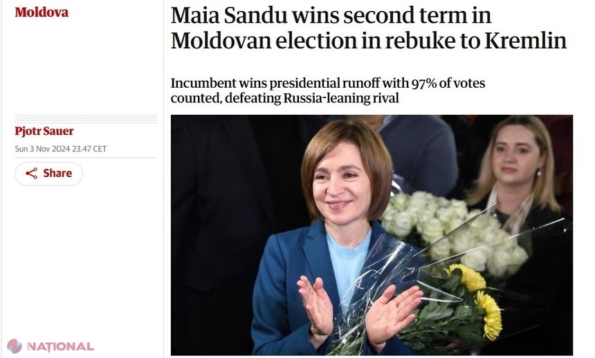 The Guardian: Maia Sandu câştigă al doilea mandat de preşedinte, într-o ...